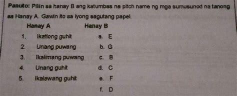 Panuto Pilin Sa Hanay B Ang Katumbas Na Pitch Name Ng Mga Sumusunod Na
