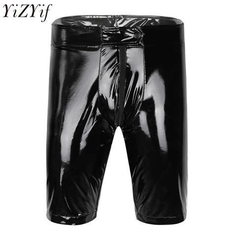 YiZYiF Black Mens Sexy Fetish Tight Shorts Wet Look Boxer Short Pants