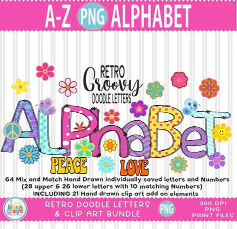 Retro Groovy Doodle Letters Alphabet Png Sublimation Hand Drawn Alpha