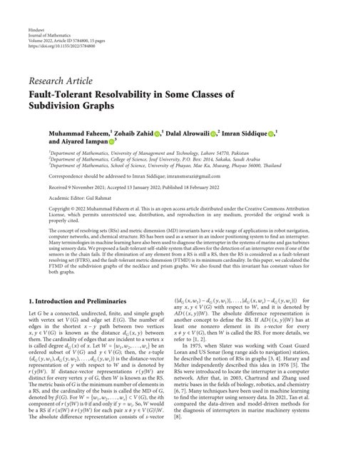 pdf fault tolerant resolvability in some classes of subdivision graphs
