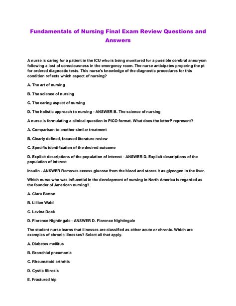 Fundamentals Of Nursing Final Exam Review Questions And Answers