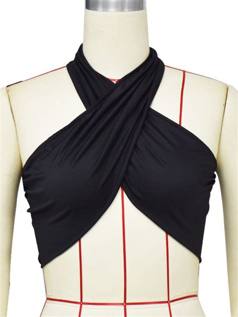 Sexy Tops Black Criss Cross Halter Crop Top Backless Cowl Neck