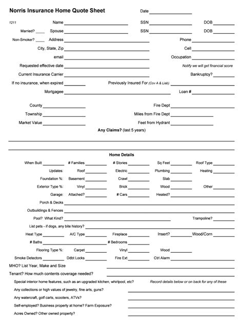 Fillable Online NIA Home Quote Sheet Pdf Norris Insurance Agency Fax