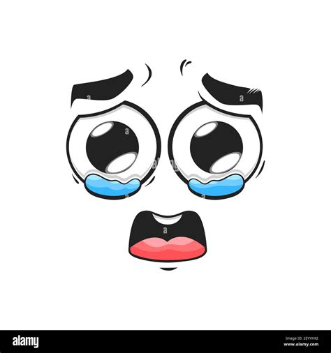 Cartoon Crying Face Emoji With Tears In Wet Round Eyes Upset Vector