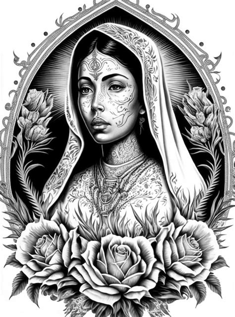 Beautiful Chicana Virgin Mary With Roses Adult Coloring Page Coloring