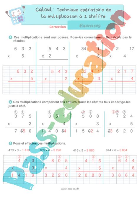 La technique opératoire de la multiplication à 1 chiffre Exercices de