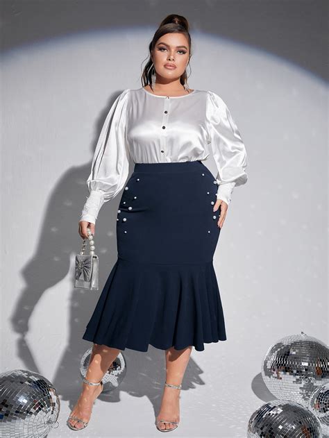 SHEIN Modely Plus Pearls Beaded Mermaid Hem Skirt SHEIN USA