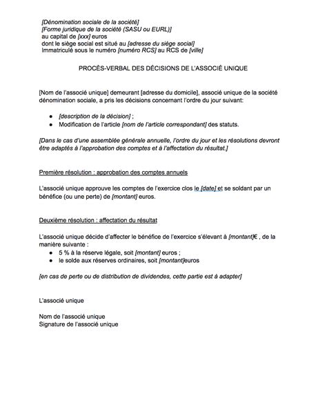 Modèle PV AG Approbation des Comptes EURL 100 Gratuit