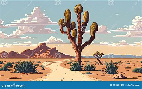 Pixel Art Desert Landscape 8 Bit Video Game Background Stock