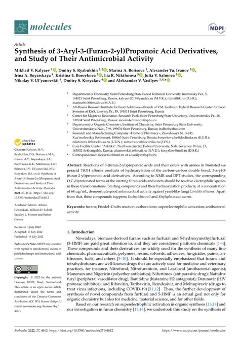 PDF Synthesis Of 3 Aryl 3 Furan 2 Yl Propanoic Acid Derivatives And