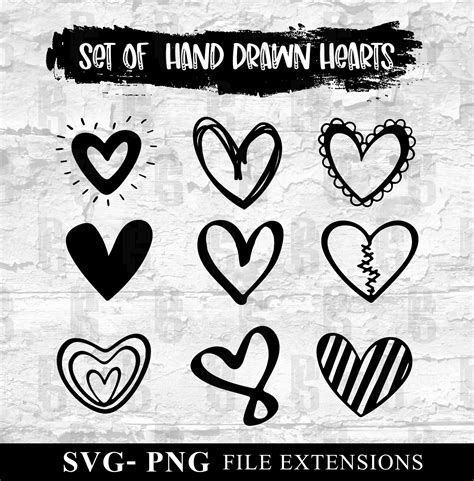 Heart Svg Bundle Hand Drawn 9 Hearts Png Valentine S Day Etsy