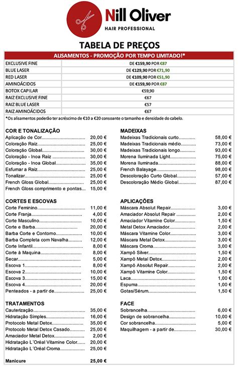 Tabela de Preços Nill Oliver Cabeleireiro