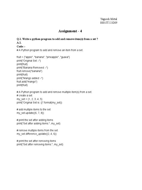 assignment 4 q 1 write a python program to add and remove item s from a set a 1 code
