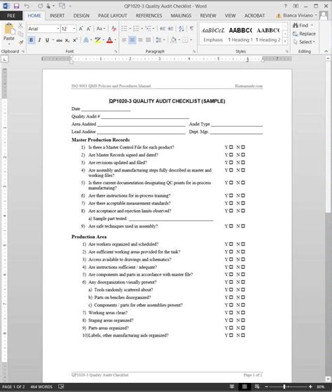 Quality Audit Checklist ISO Template