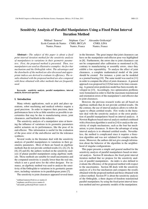 pdf sensitivity analysis of parallel manipulators using a fixed point interval iteration method