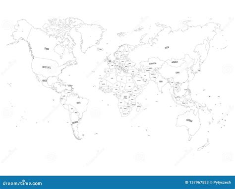 Vector Political Map Of World Black Outline On White Background With