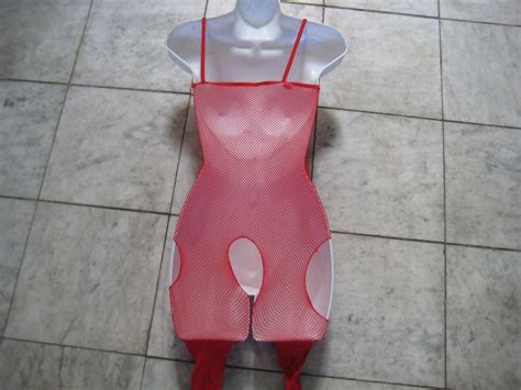 New Sexy Red Fishnet Bodystockings W Large Holes At Thighs One Size
