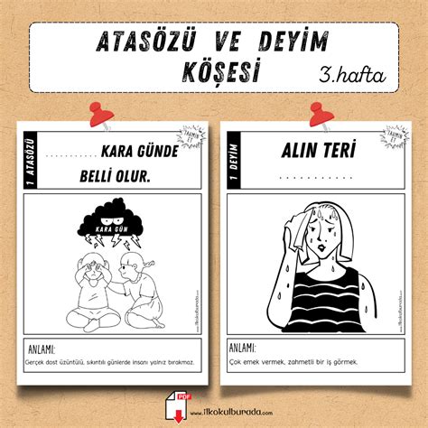 Atasözü ve Deyim Köşesi 3 Hafta İlkokul Burada Deyimler İlkokul