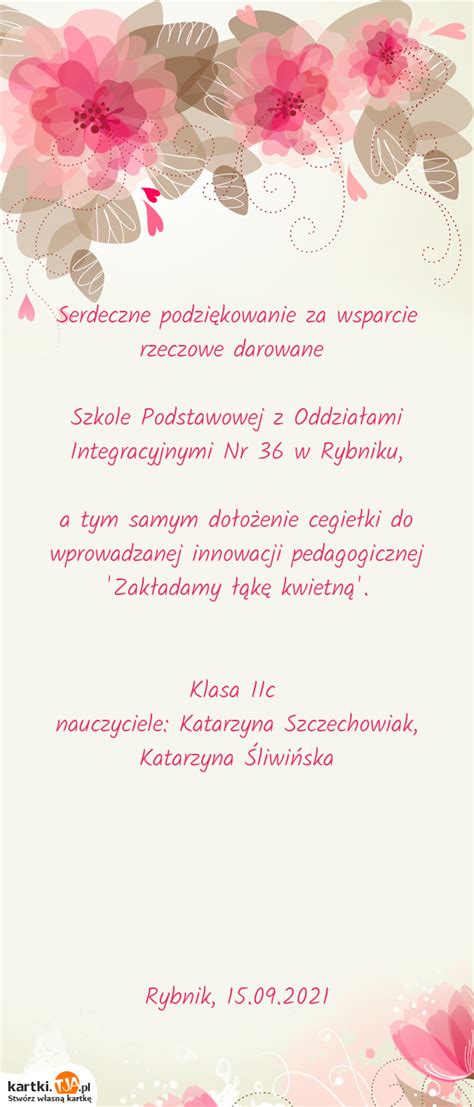 Serdeczne podziękowanie za wsparcie rzeczowe darowane Darmowe kartki