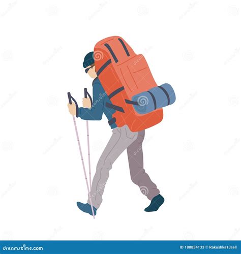 Hombre Con Mochila De Senderismo Y Palos De Senderismo Caminando Con La