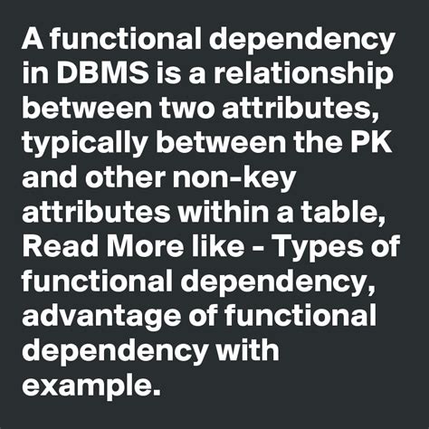a functional dependency in dbms is a relationship between two attributes typically between the