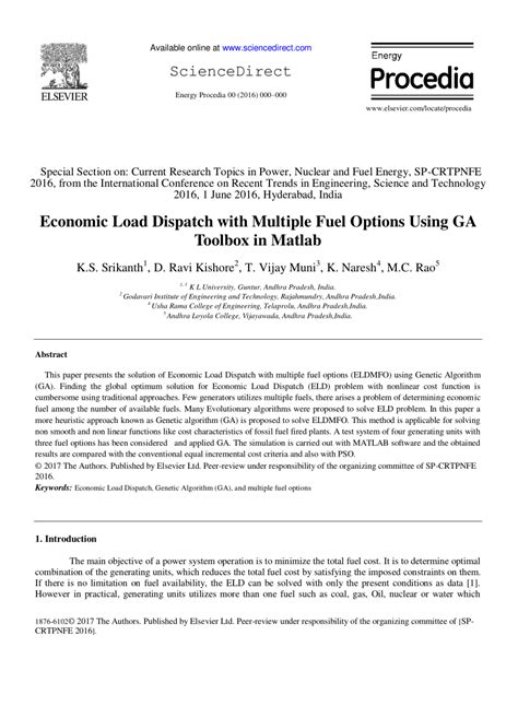 pdf sciencedirect economic load dispatch with multiple fuel options using ga toolbox in matlab