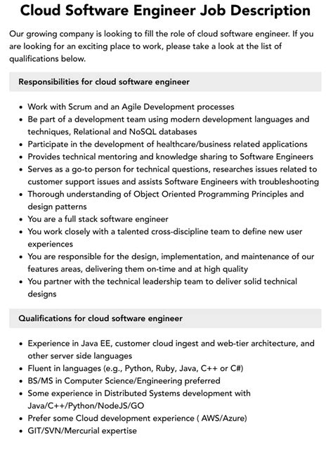 Cloud Software Engineer Job Description Velvet Jobs