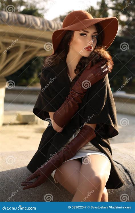 Beautiful Woman In Elegant Coat Gloves And Felt Hat Stock Image Image