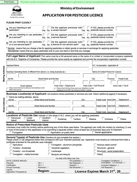 Application For Pesticide Licence Env Gov Bc Form Fill Out And Sign
