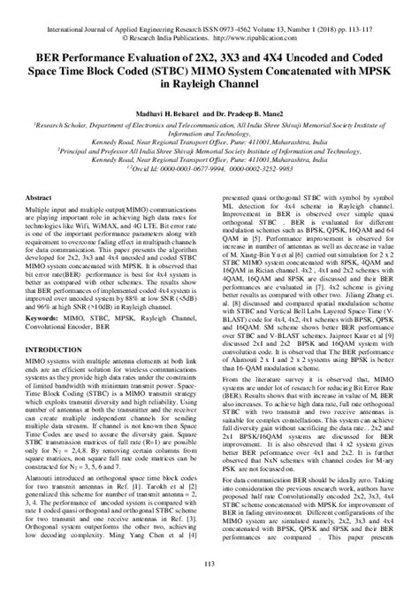 pdf ber performance evaluation of 2 x 2 3 x 3 and 4 x 4 uncoded and coded space time block