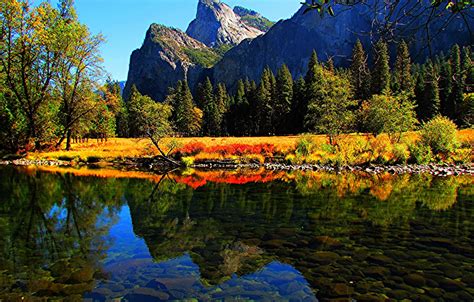Wallpaper Autumn Forest Trees Mountains Lake Stones CA USA For