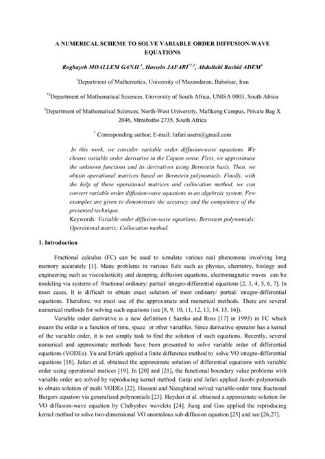 pdf a numerical scheme to solve variable order diffusion wave equations