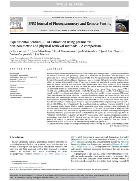 pdf experimental sentinel 2 lai estimation using parametric non parametric and physical