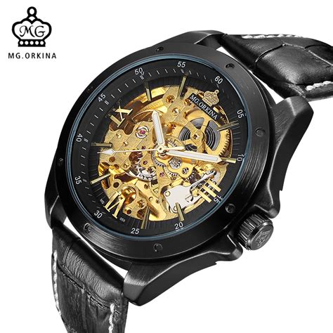 MG ORKINA Automatic Men Watches 2017 Black Leather Belt Stainless