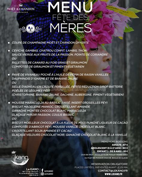Menu Fête des Mères au Kano Résa gratuite en ligne Agenda Belle