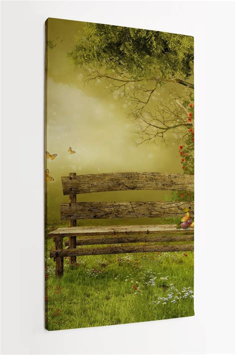 Obraz na płótnie HOMEPRINT sad z drewnianą ławką i owocami natura