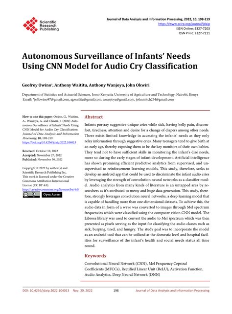pdf autonomous surveillance of infants needs using cnn model for audio cry classification