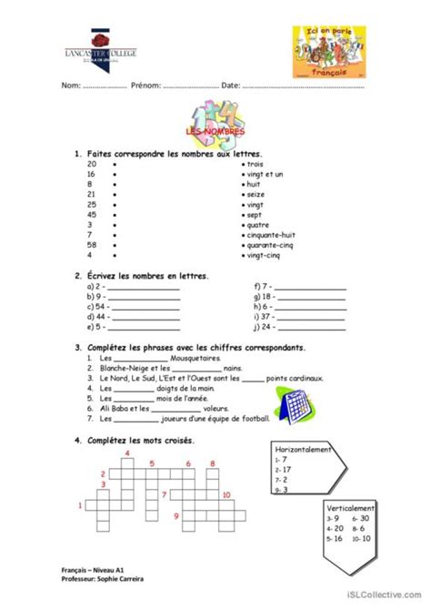 75 Nombres Français FLE fiches pedagogiques pdf doc