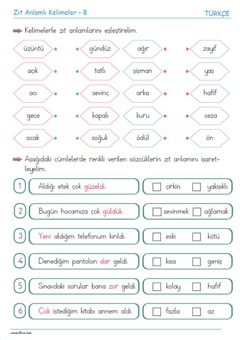 1 Sınıf Zıt Anlamlı Kelimeler 8 etkinlik ve çalışma sayfası