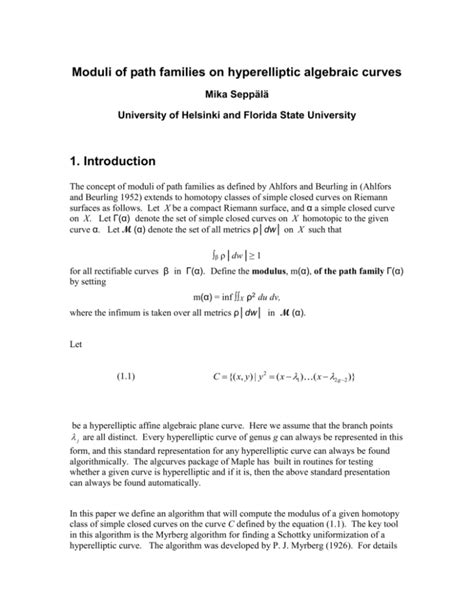moduli of path families on hyperelliptic algebraic curves