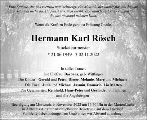 Traueranzeigen von Hermann Karl Rösch Südwest Presse Trauer