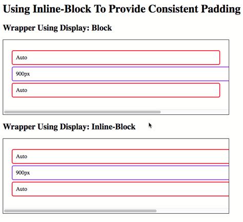 using inline block to provide consistent padding and element width inside an overflow container