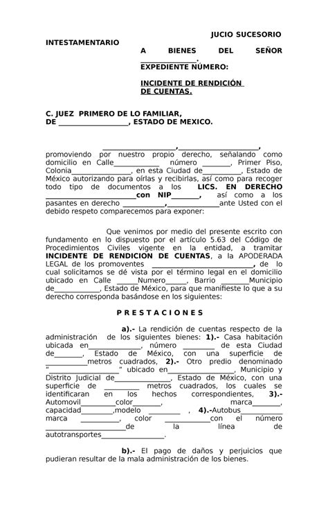 Modelo De Escrito De Rendicion De Cuentas En Juicio Sucesorio