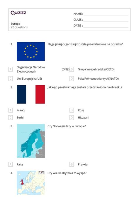 Ponad 50 kraje Europy państwa Europy arkuszy roboczych dla Klasa 5 w