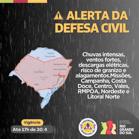 Defesa Civil divulga novo alerta para temporais nas próximas horas