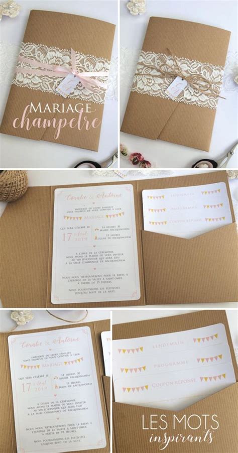 Faire part mariage pochette champêtre kraft dentelle Etsy