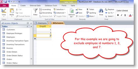 how to use a table to exclude data from a query btab development