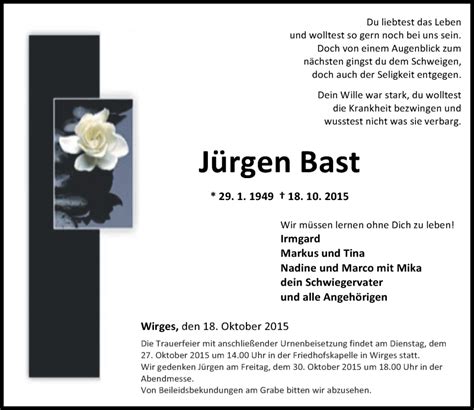 Traueranzeigen Von J Rgen Bast Rz Trauer De