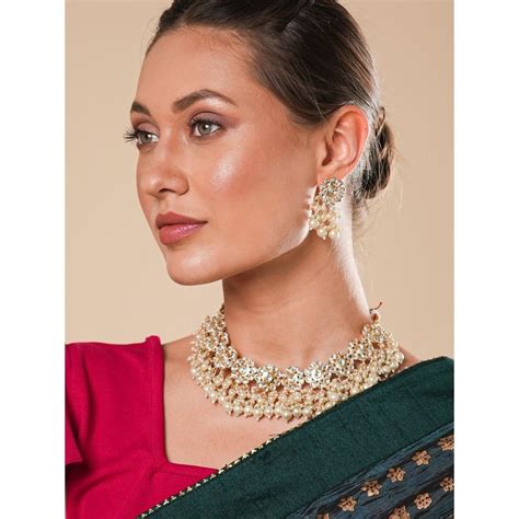 Yellow Chimes Gold Plated And White Pearl And Kundan Studded Jewellery