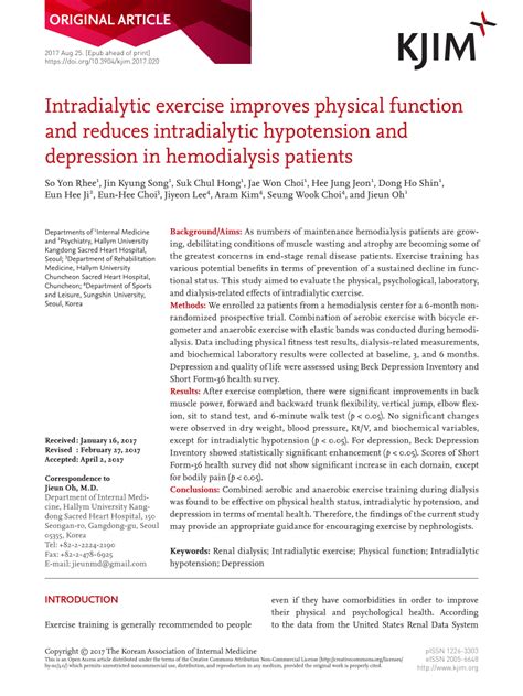 pdf intradialytic exercise improves physical function and reduces intradialytic hypotension